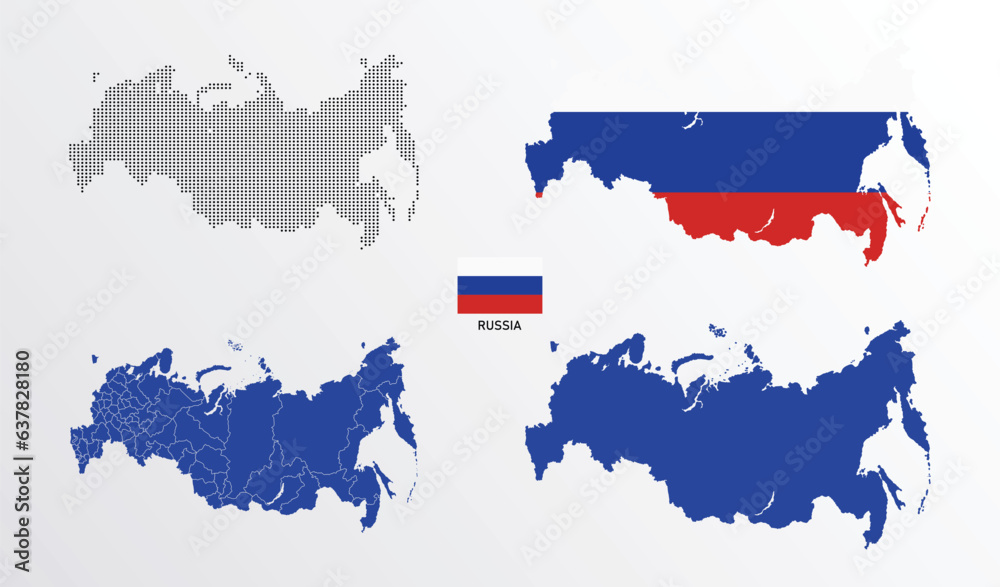 Set of political maps of Russia with regions isolated and flag on white ...