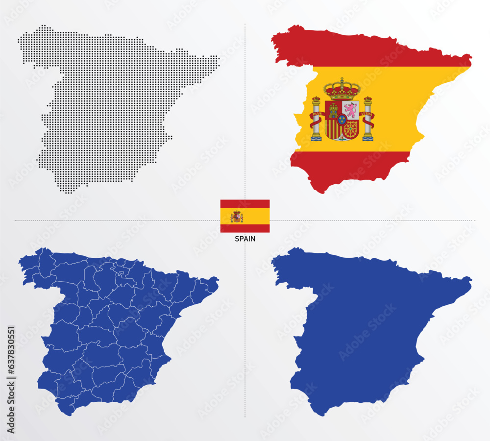 Set of political maps of Spain with regions isolated and flag on white ...