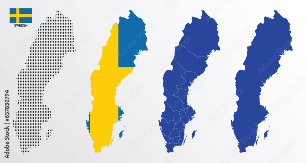 Set of political maps of Sweden with regions isolated and flag on white ...