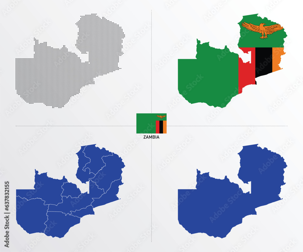 Set of political maps of Zambia with regions isolated and flag on white ...