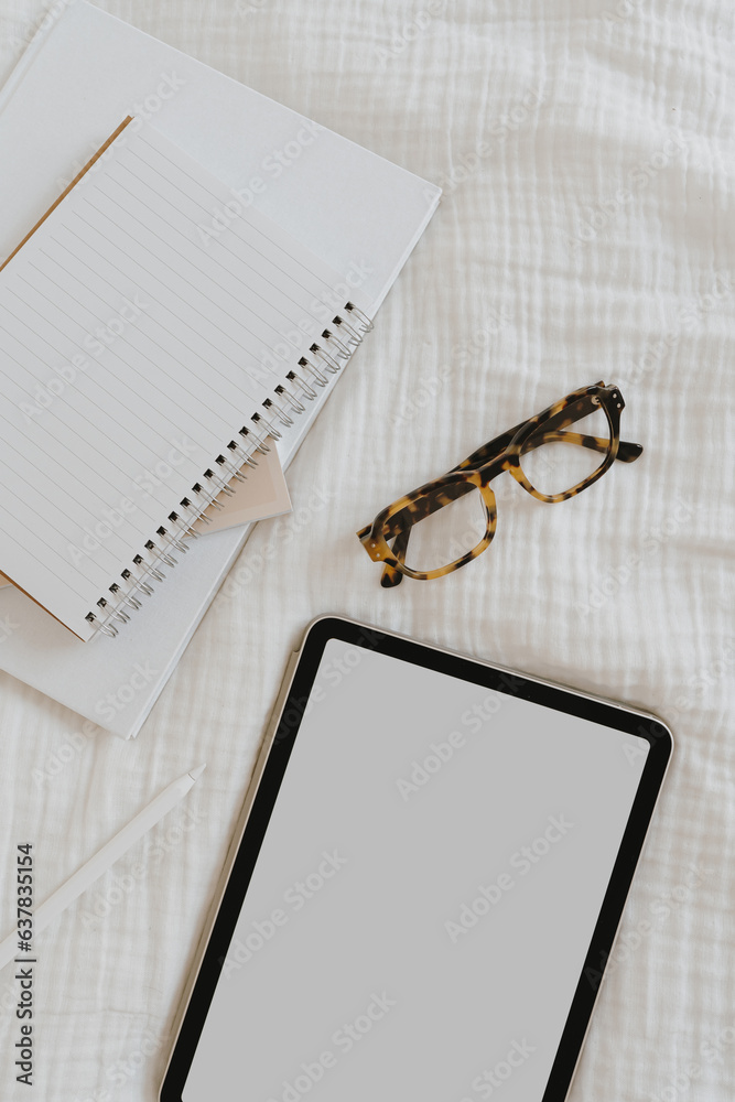 Aesthetic home office desk workspace. Tablet pad, notebook sheets ...