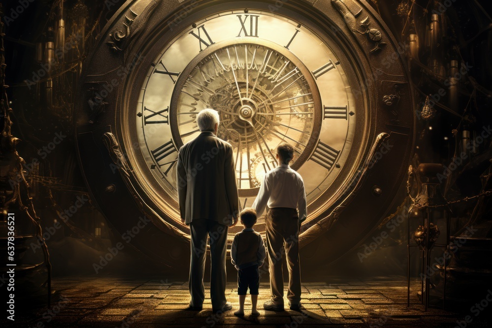 Men and little boy stand in front of big clock. Generate Ai Stock Photo ...