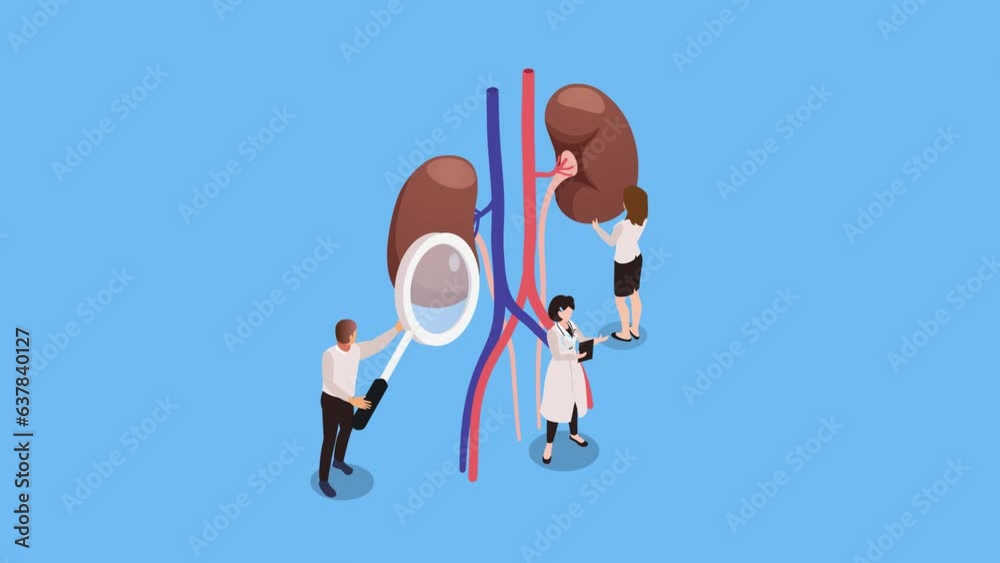 Group of doctors doing activities around human kidneys cartoon ...