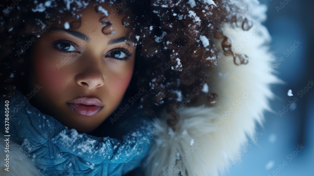 Beautiful african american woman with afro hairstyle in winter, cold ...