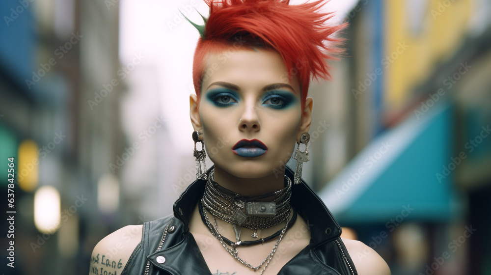 Young Punk Rock Girl close-up with red hair, blue eyeshadow, deep ...