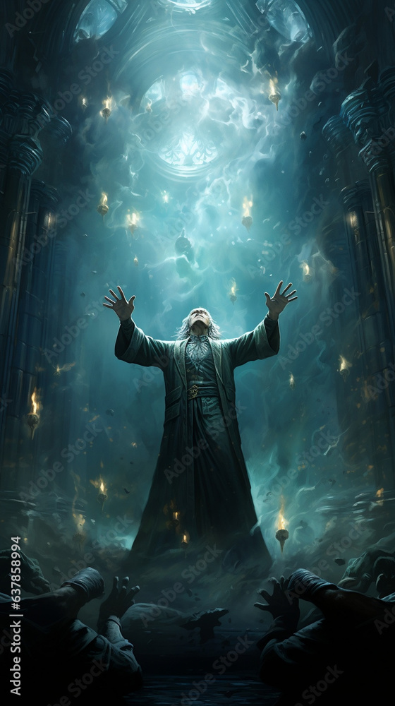 Devoted Priest of Atlantis with Uplifted Hands, Engaging in Divine ...