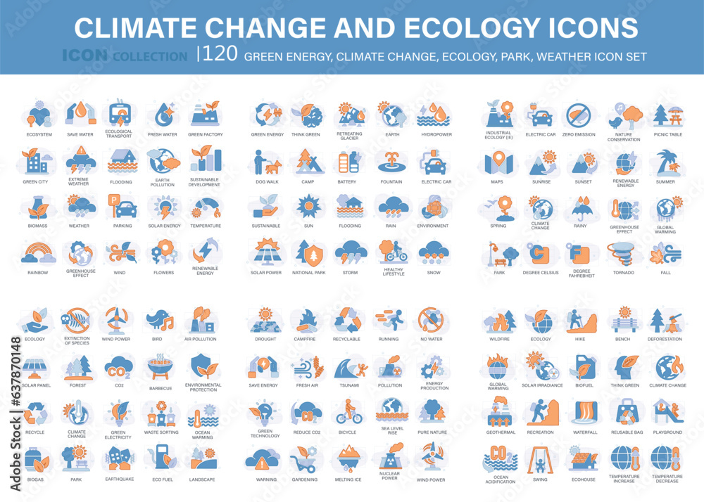 Climate change, ecology, green energy, park and weather 120 icon set ...