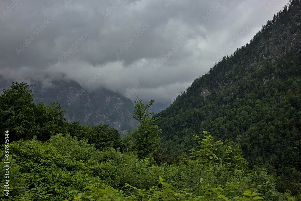 Wooded mountain slopes and mountain ranges with silhouettes of ...
