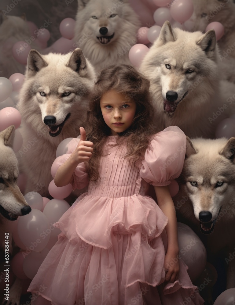 Little girl celebrating her birthday surrounded by white wolves. Thumbs ...