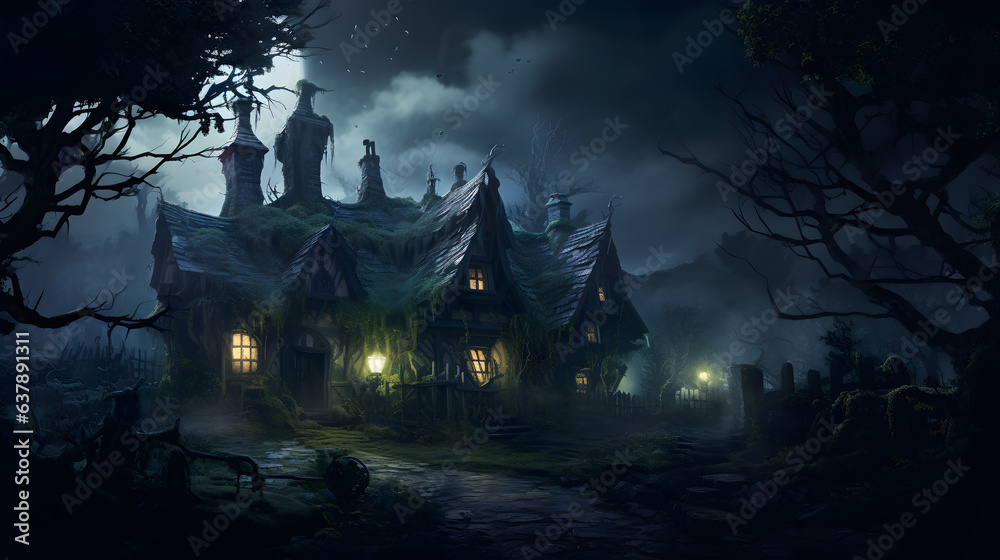 A crooked cottage, nestled in a dark forest, emits an inviting glow. A ... A crooked cottage, nestled in a dark forest, emits an inviting glow. A ...