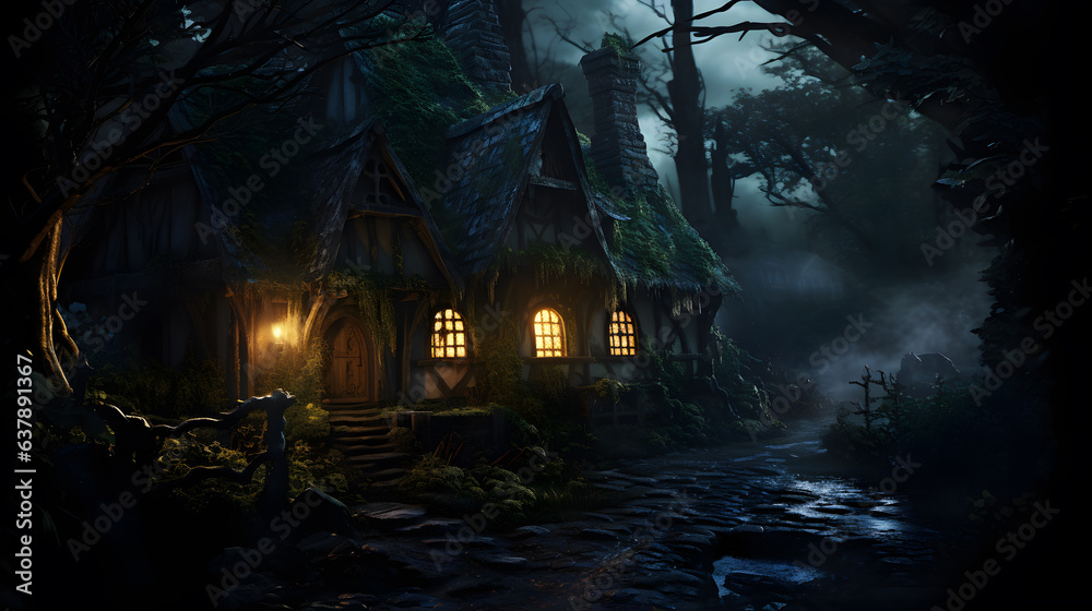 A crooked cottage, nestled in a dark forest, emits an inviting glow. A ... A crooked cottage, nestled in a dark forest, emits an inviting glow. A ...