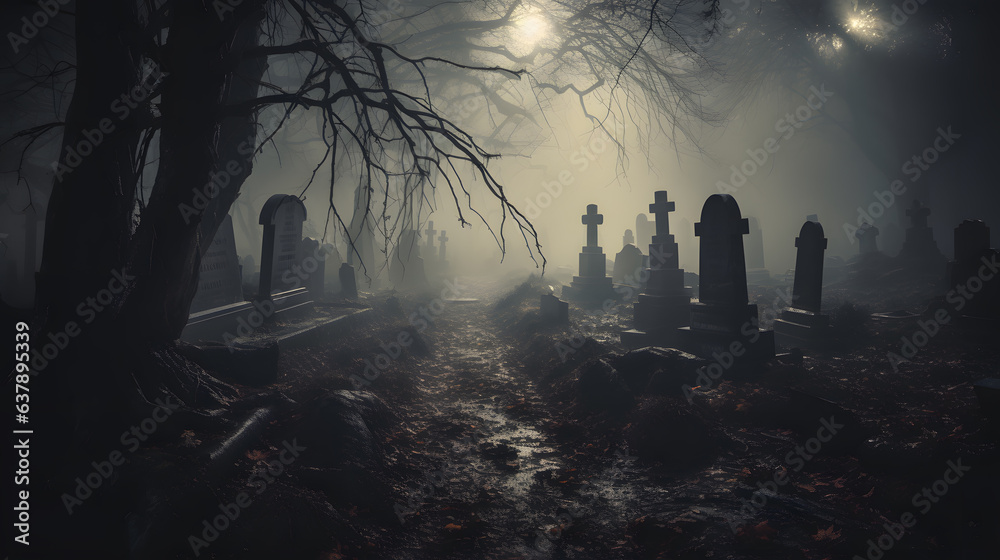 Amidst crumbling tombstones and ancient trees, fog drifts over a ...