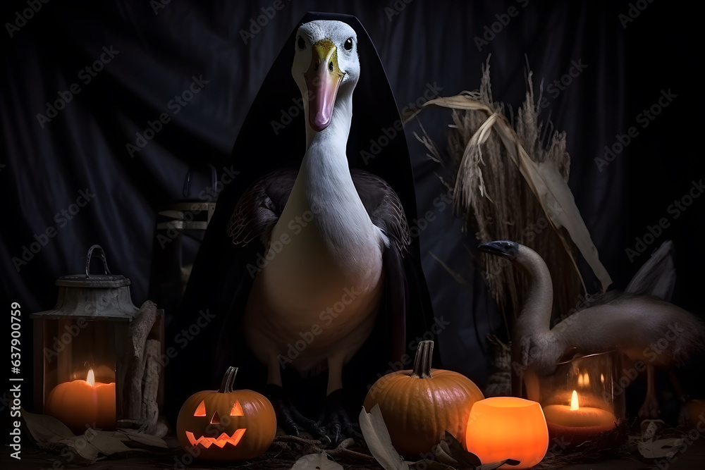 Spooky portrait of a goose or duck in a Halloween setup in studio ...