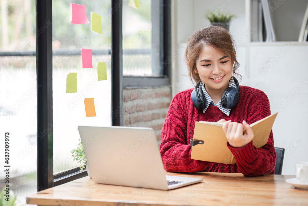 Asian female student study online in class, study online, wearing ...