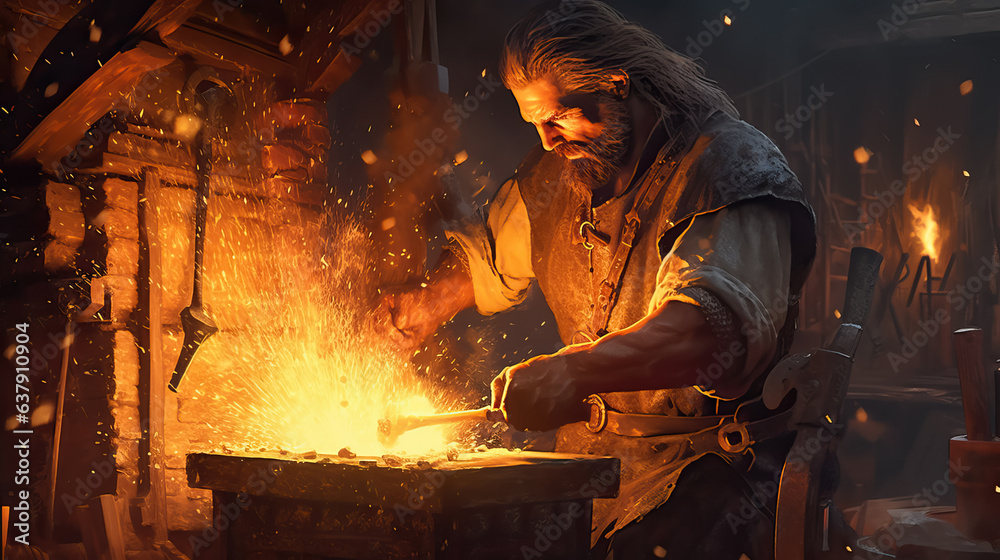 Poster Medieval blacksmith creates a tool in his forge by AI – Wall Art ...