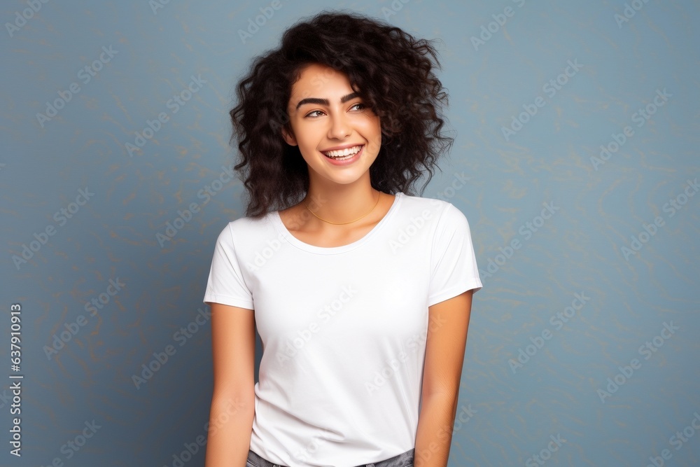 attractive female with brown hair smiling on plain bluey grey ...