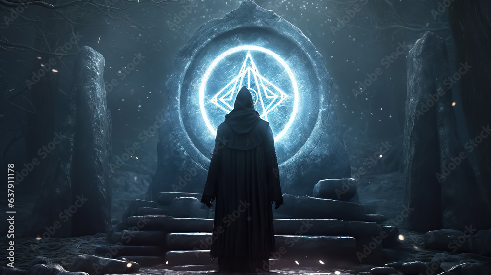The dark figure of a wizard conducting a ritual by AI Stock ...