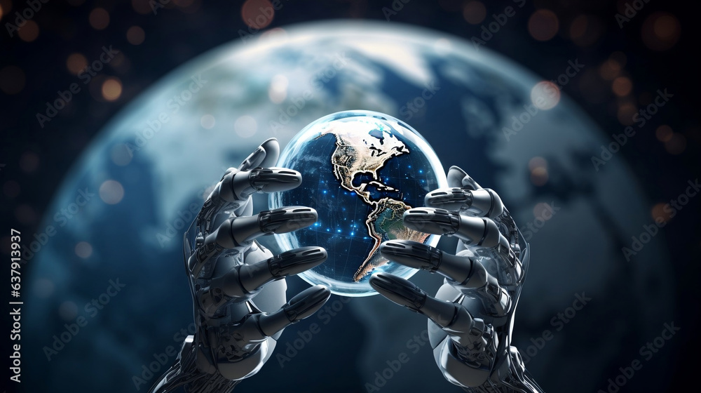 Artificial intelligence robot hands holding glowing earth globe with ...