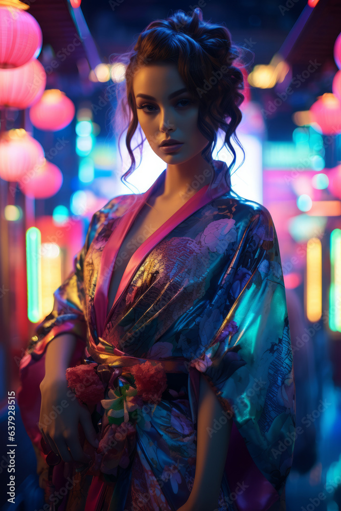 Stunning lady in neon dress and elaborate kimono, inspired by style of ...