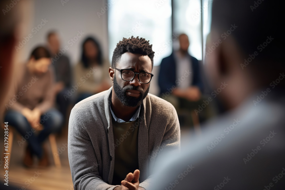 Sad anxiety depressed black man at support group meeting for mental ... Sad anxiety depressed black man at support group meeting for mental ...