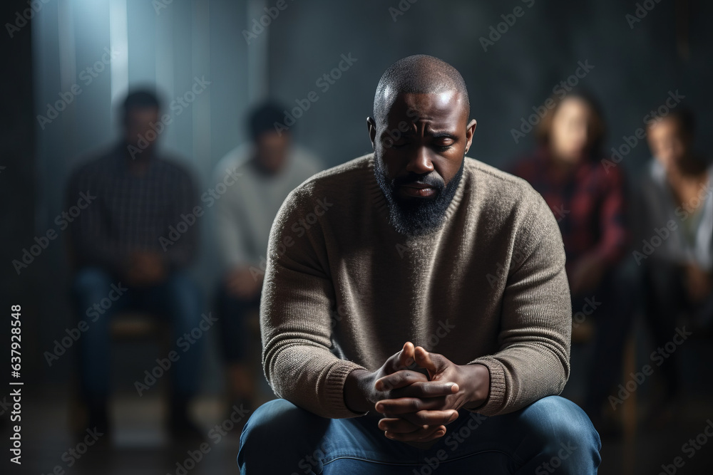Sad anxiety depressed black man at support group meeting for mental ...