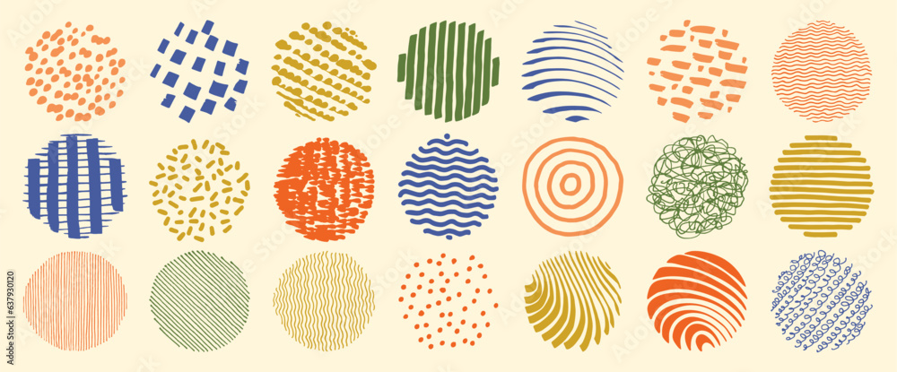 Vector hand drawn patterns set. Abstract line patterns. Modern round icons. Texture patterns ...