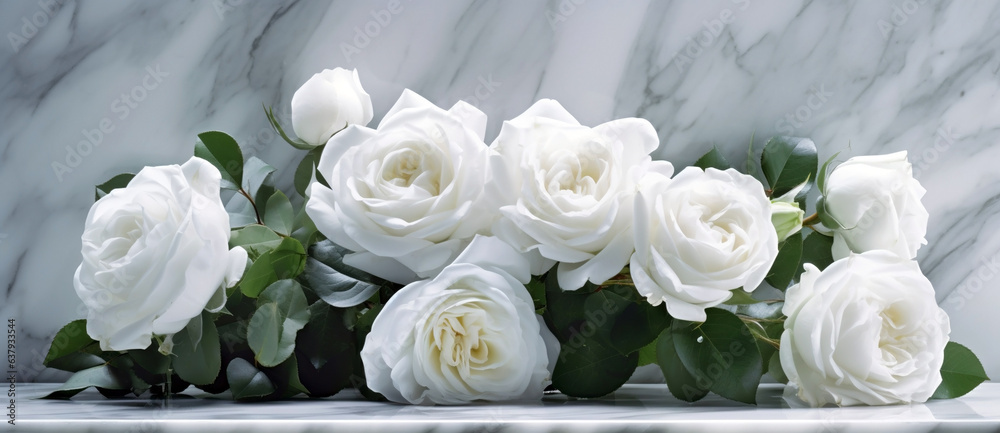 Beautiful white flowers, roses, over marble background. Bouquet of ...