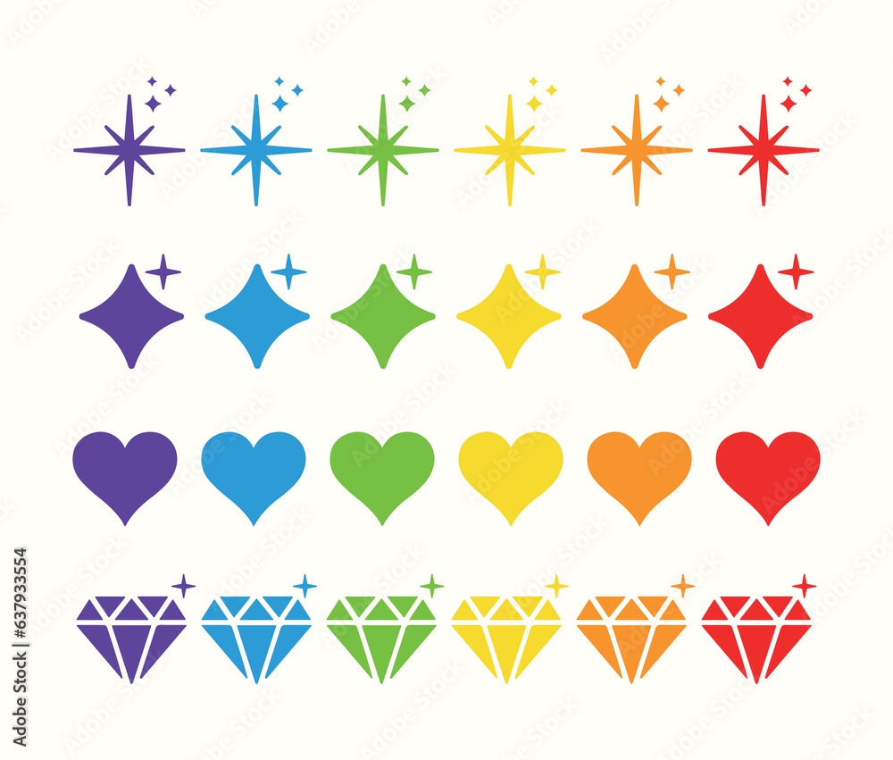 Rainbow stars, shine, heart, sparkle, diamond, ligth. Pride icon ...