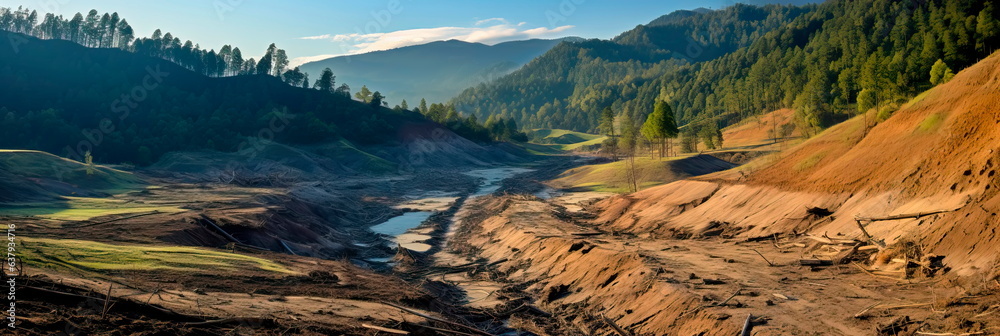 deforested hillside with eroded soil, leading to landslides and habitat ...
