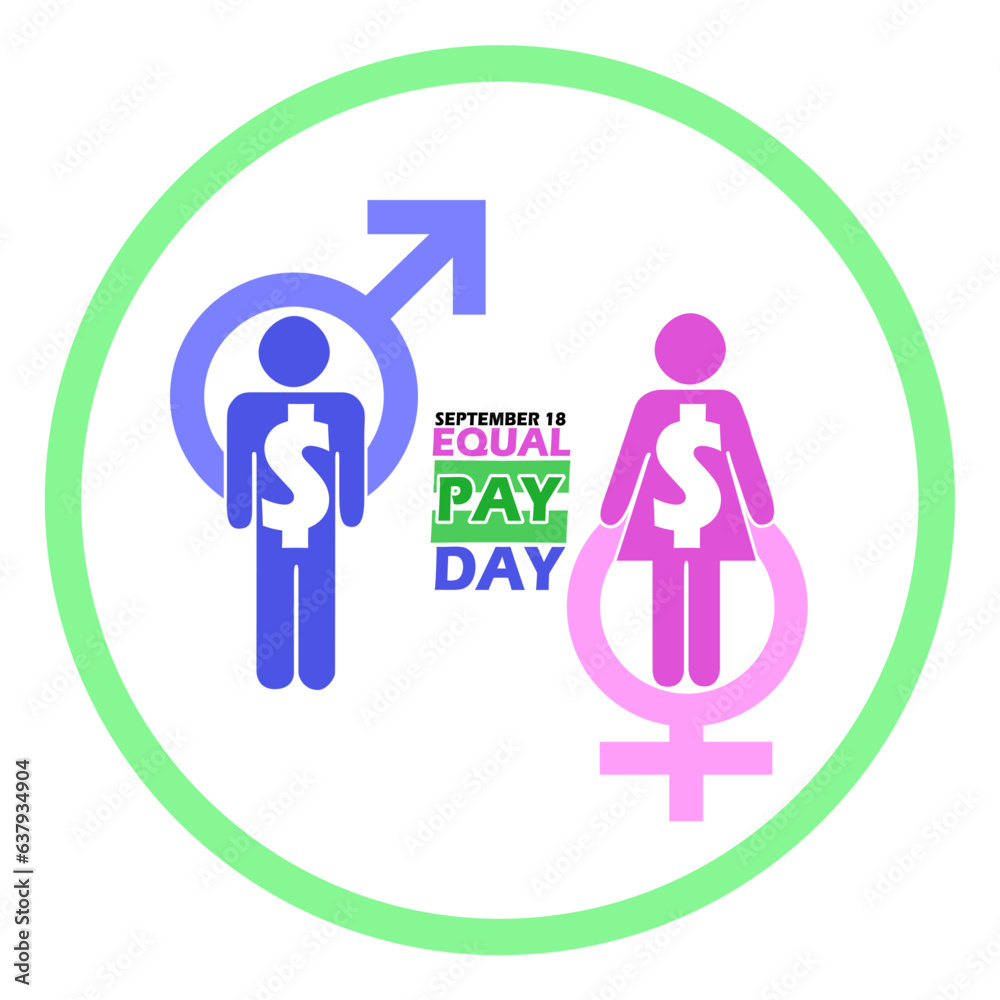 Male and female symbols with dollar sign and bold text in circle frame ...