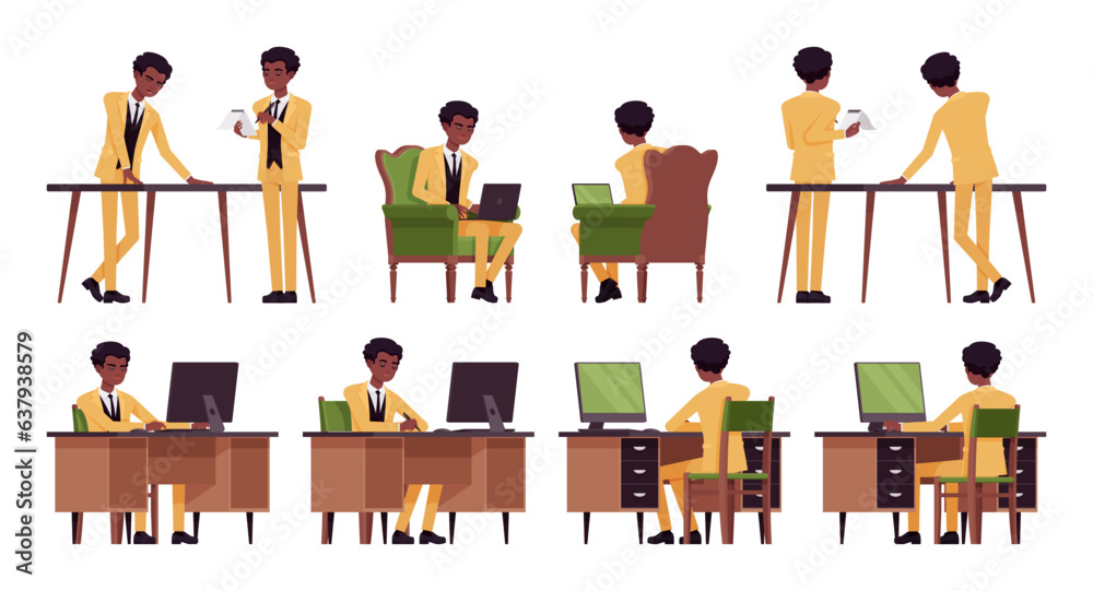 African american yellow suit man, businessman set, busy workplace ...