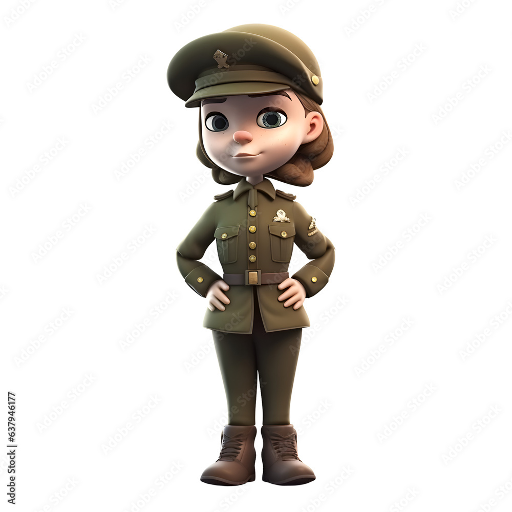 3D Render of Little Girl with WW2 military uniform on white background ...