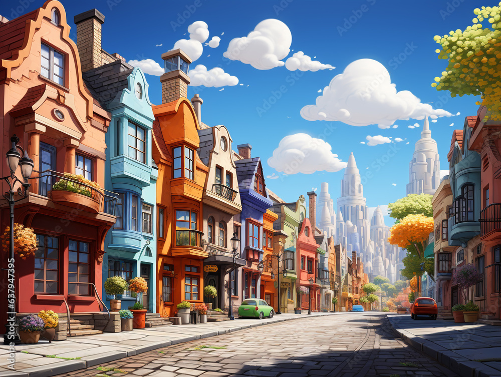 A cartoon town with different colored houses and shops built facing ...