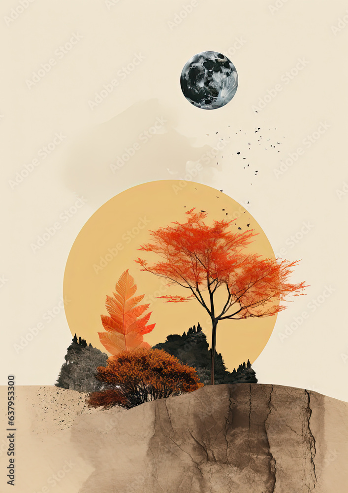 Minimalistic collage of a autumn nature. Pine trees and red maple on ...