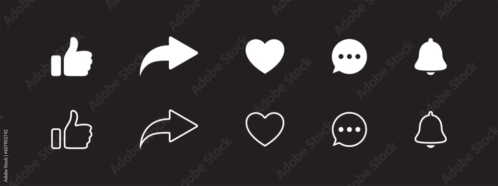 Like, comment, share, icons on black background. Social media icons ...