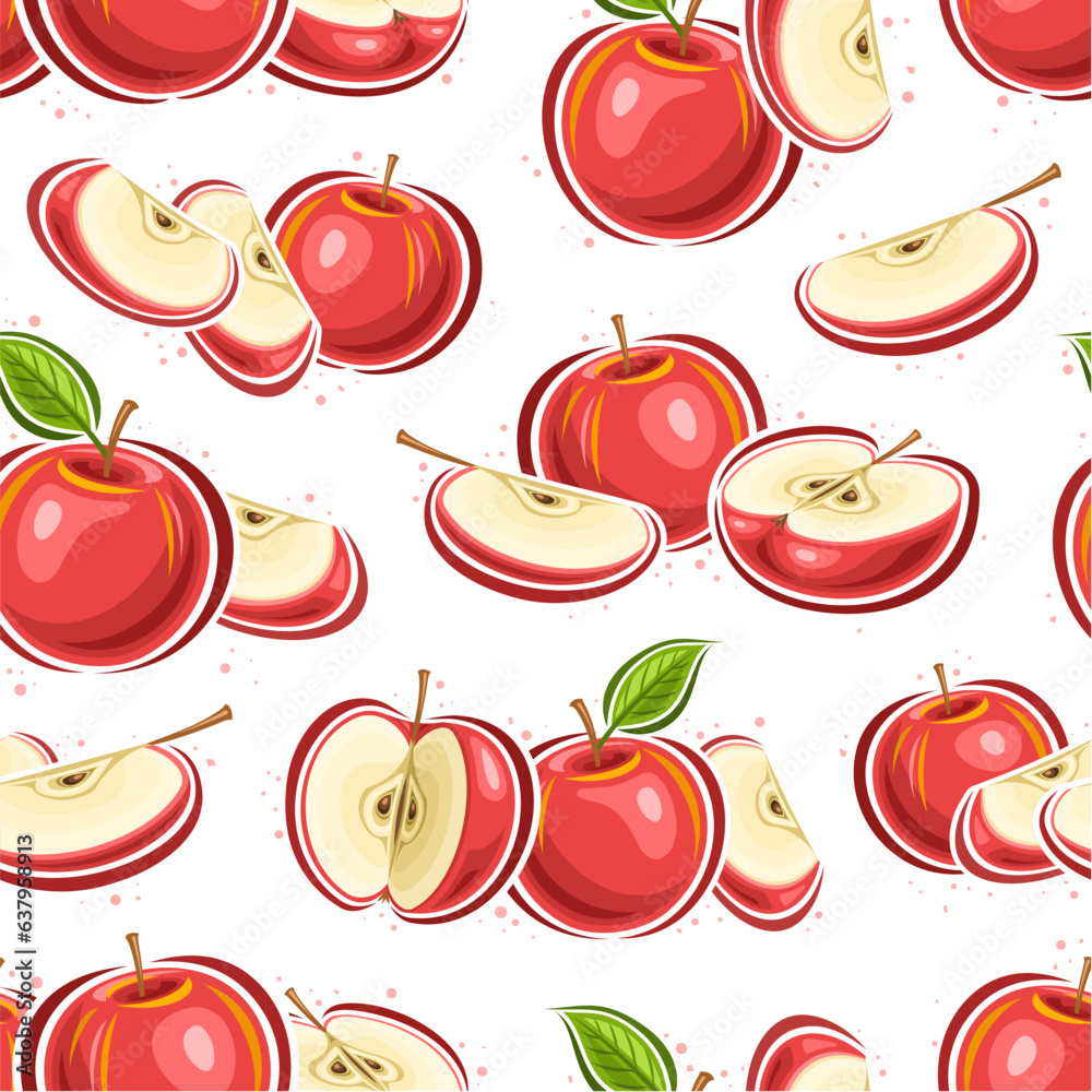 Vector Red Apples seamless pattern, repeat background with fruity compositions of red apples ...