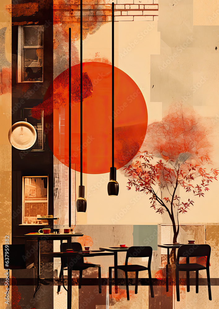 Minimalistic collage of retro cafe in autumn. Tables with food and ...
