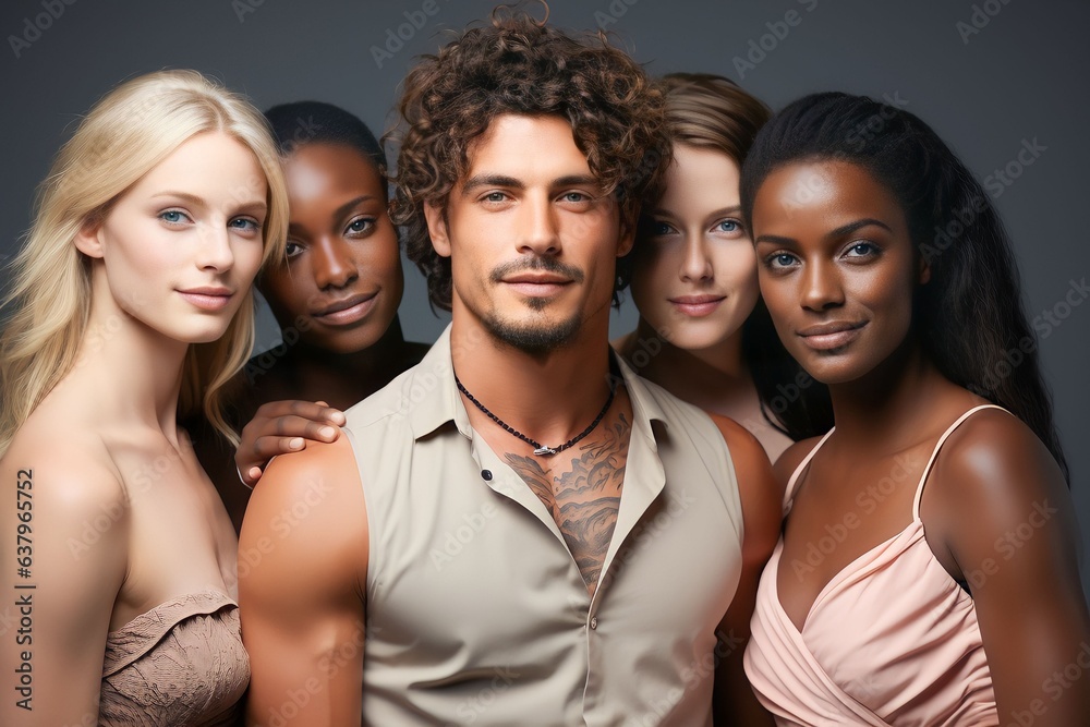 group Men and women of different races with skin care smiles on studio ...