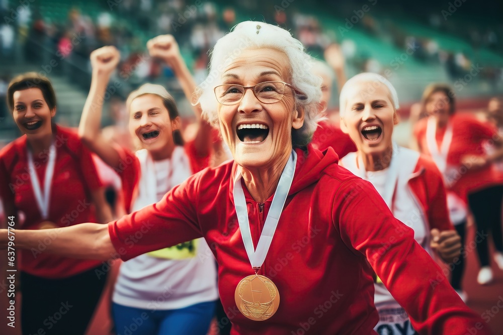 Excited old woman athlete winning medal on race track with other ...
