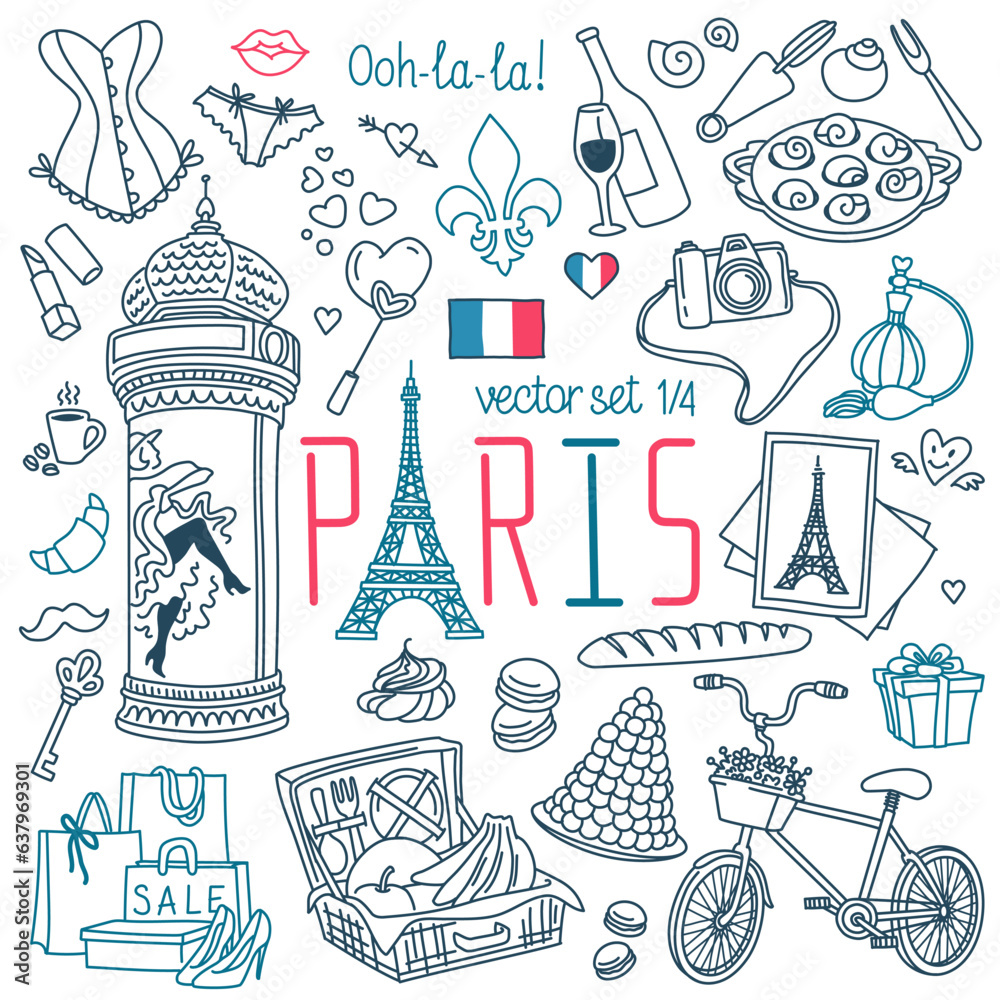 Paris doodle set. Popular French landmarks, food and attractions ...