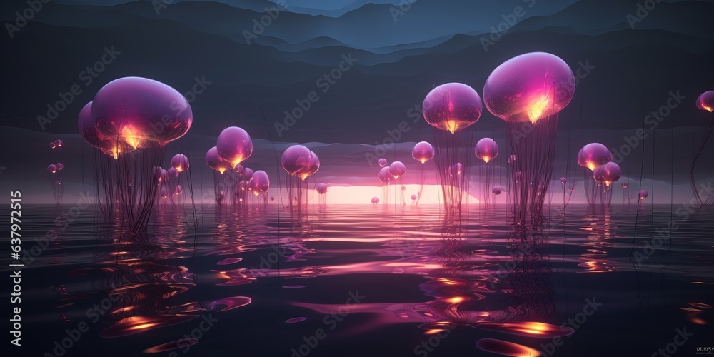 surreal pink landscape with mountains and cloudy rainy sky. Neon water ...