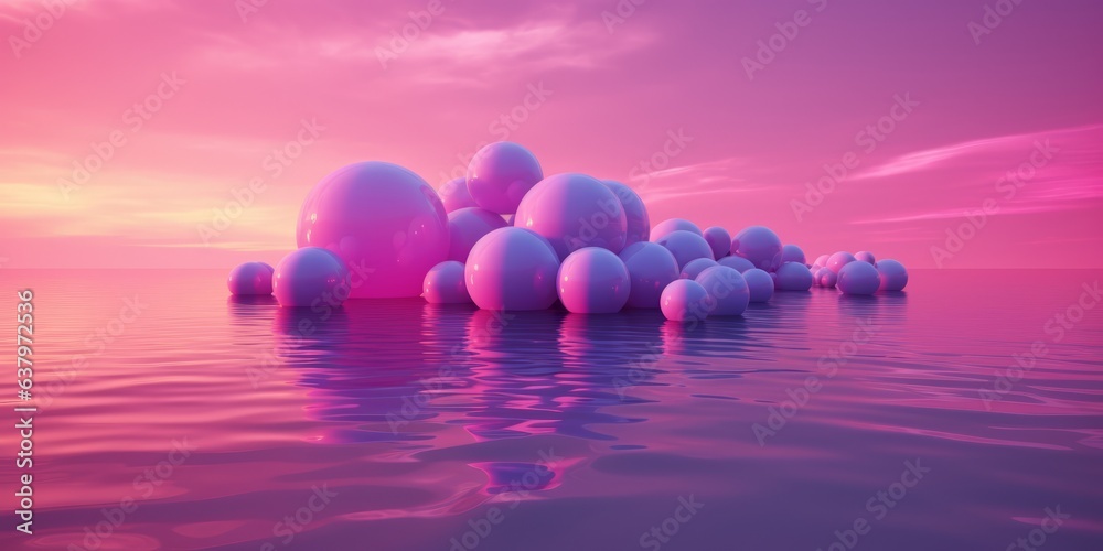 Pink floating spheres in sunset sea water. Dreamy surrealism ...