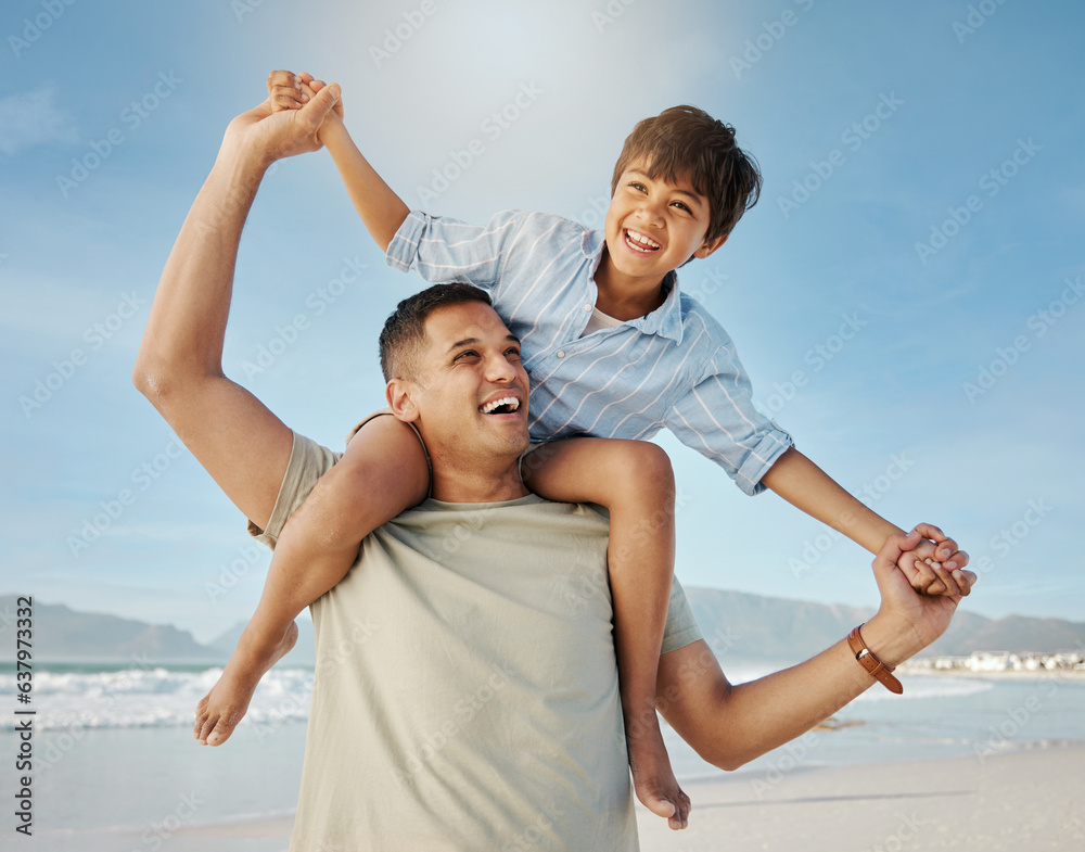 Father, child on beach with piggy back, smile and playing together in ...