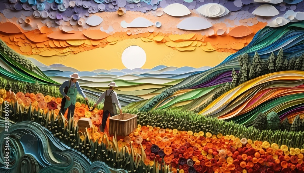 Quilling paper art of hardworking farmers plant crops in fields on ...