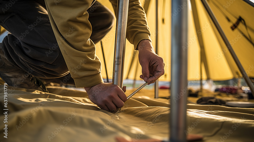 Tent Set-up: An image of hands securing tent poles and stakes Stock ...