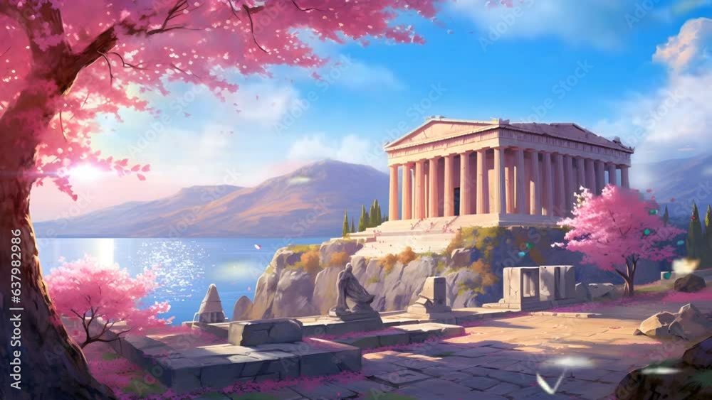 Fantasy spring loop animation background. White temple with Sakura ...