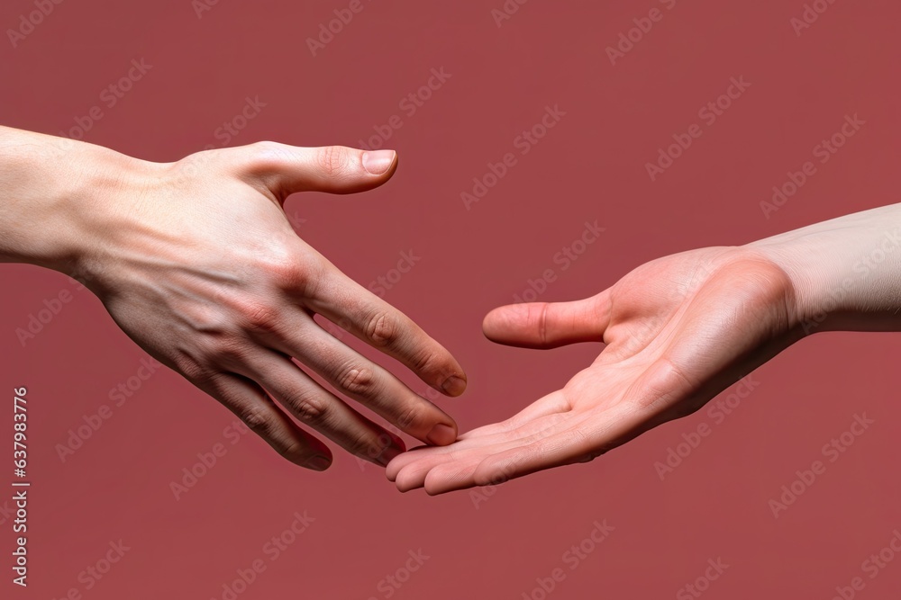 Two human hands trying to touch each other isolated on solid color ...