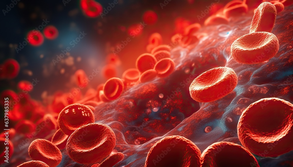 red blood cells circulating in the blood vessels, blood clot or ...