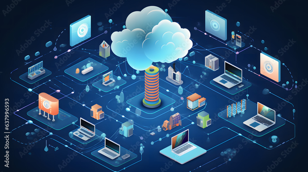 Educational illustration of cloud computing, showcasing its benefits, a ...