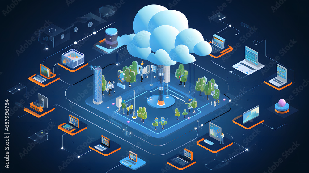 Educational illustration of cloud computing, showcasing its benefits, a cloud-shaped server hub ...